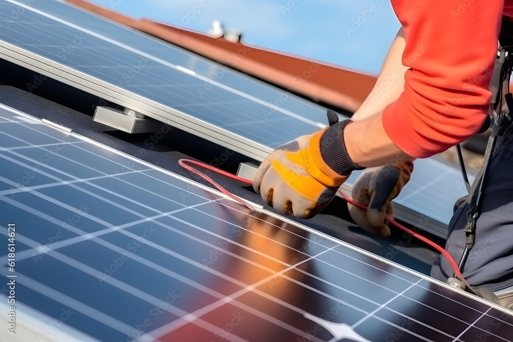 Person installing solar panels on their rooftop, harnessing clean and ...