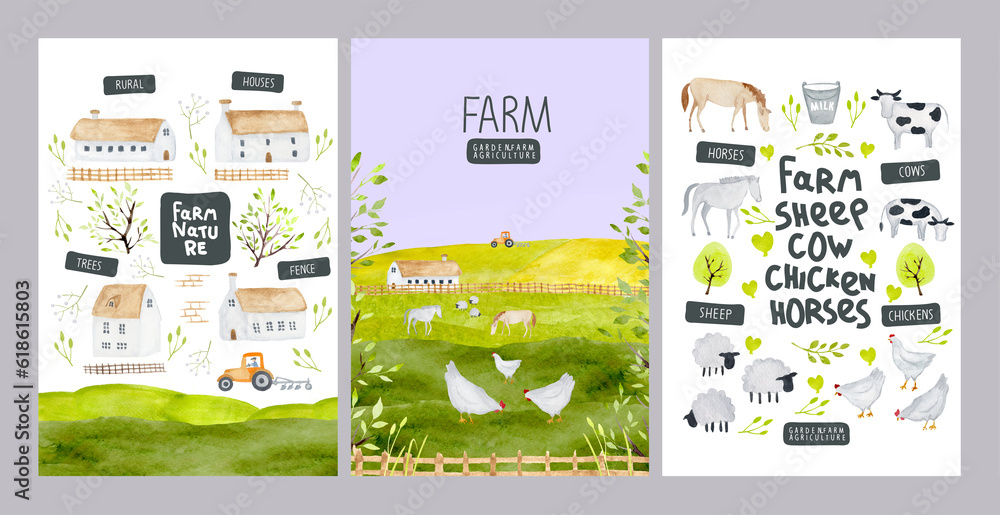 Garden, farm and agriculture landscape. Set with farm animals: cows ...