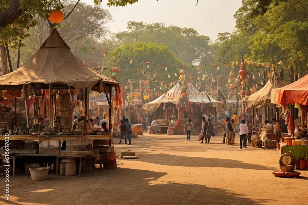 A traditional Indian village fair with various stalls and games, Indian ...