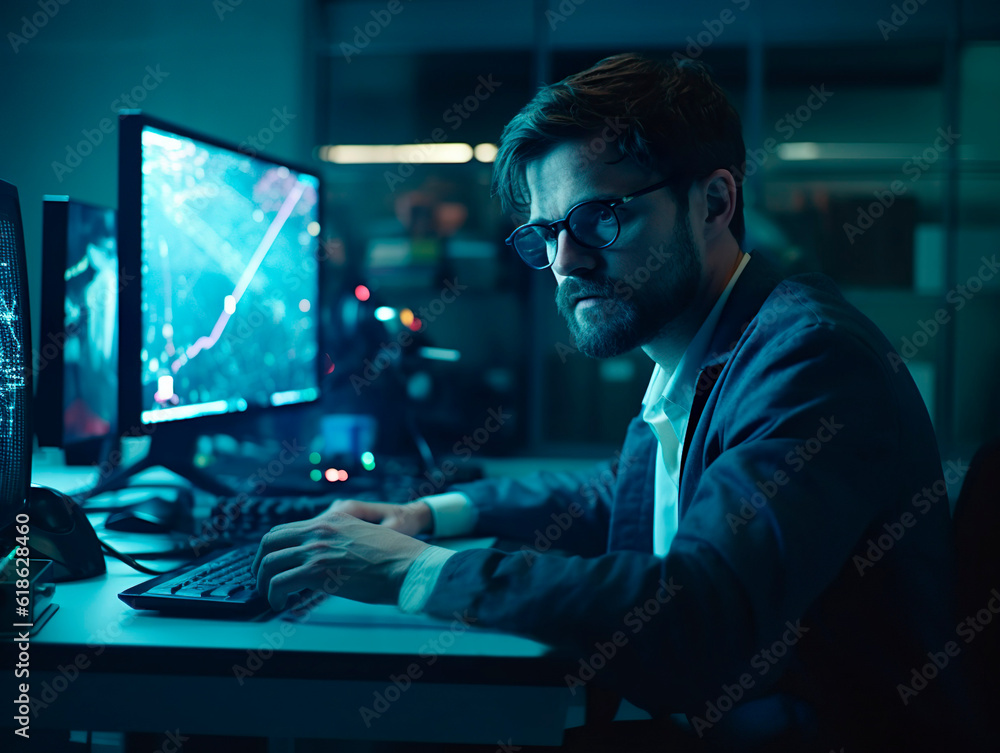 IT software developer working on desktop computer creating an ...