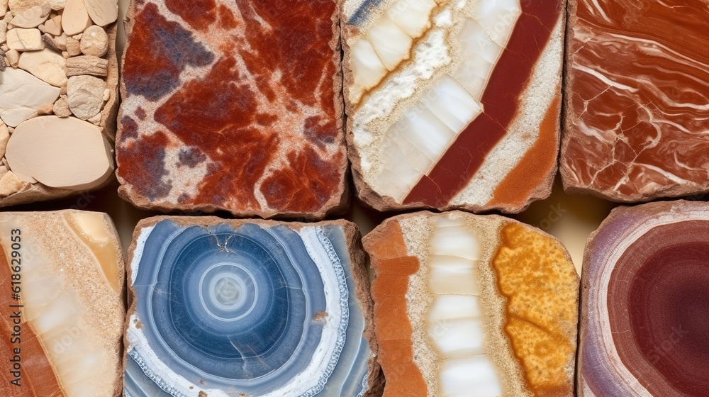 Slices of polished stone making a colourful background. Collage from ...