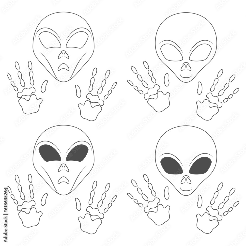 Set of black and white illustration with alien face and hands. Isolated ...