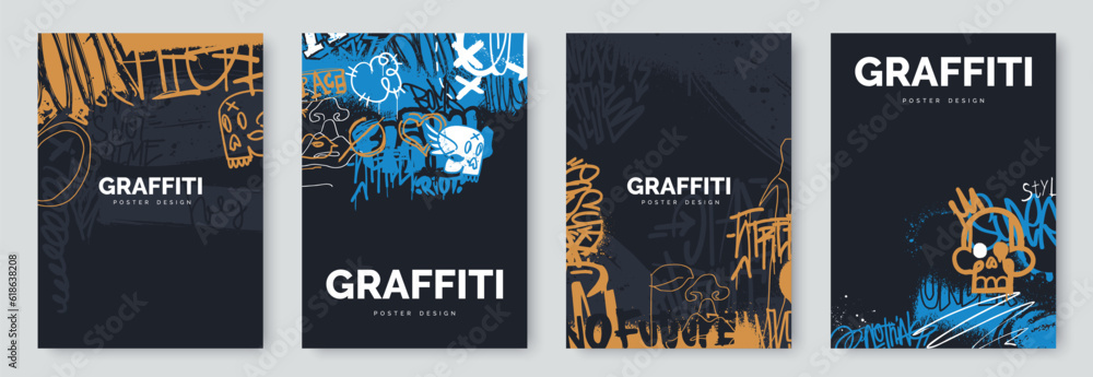 Abstract graffiti poster with colorful tags, paint splashes, scribbles ...