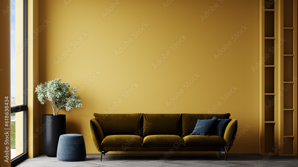 Large lounge space hall or livingroom. Yellow mustard walls. Olive ...