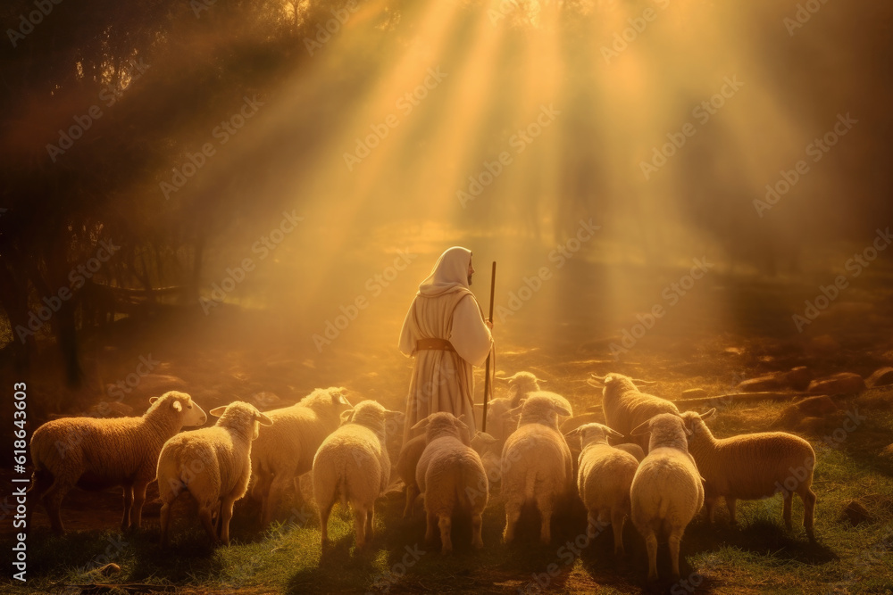Bible Jesus Shepherd with His Flock of Sheep in Sunrise Rays Stock ...