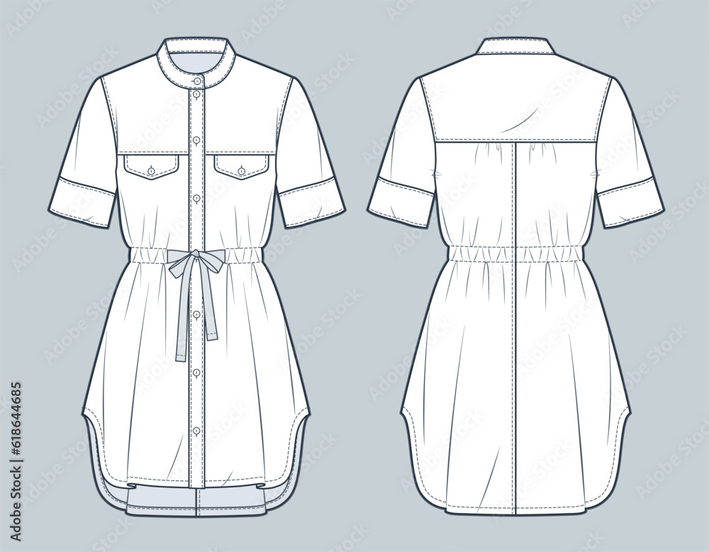 Shirt Dress technical fashion Illustration. Drawstring Dress fashion ...