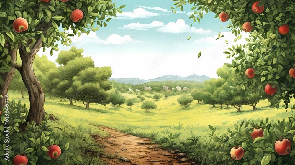 Beautiful Green Orchard with Clear Sky. Realistic Drawing. Concept Art ...