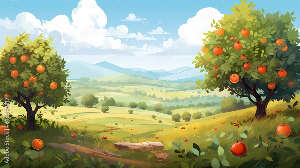Beautiful Green Orchard with Clear Sky. Realistic Drawing. Concept Art ...