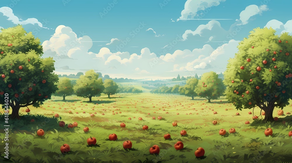 Beautiful Green Orchard with Clear Sky. Realistic Drawing. Concept Art ...