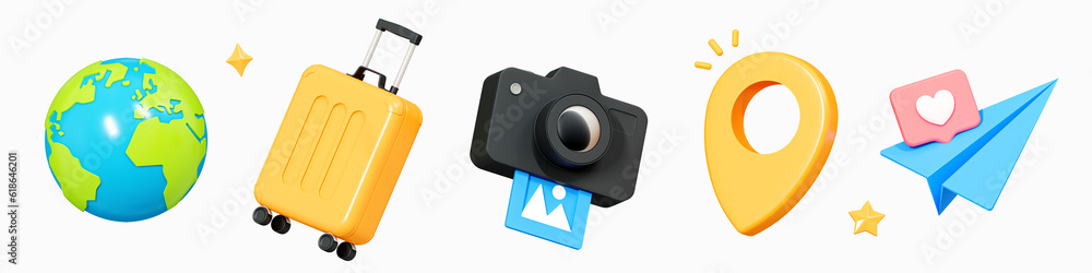 3D Time to travel concept. Summer journey emoji set. Yellow suitcase ...