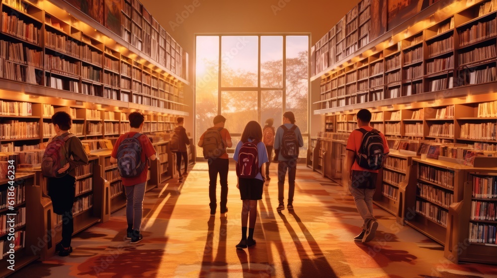 young student reviewing books in her school library, carrying her ...