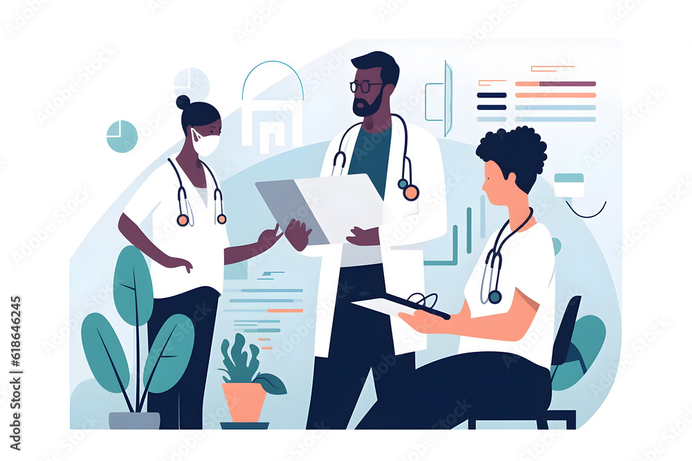 Flat vector illustration doctors nurse and teamwork on tablet for ...