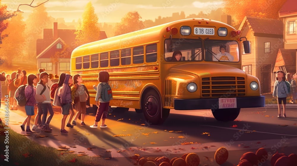 students getting on the school bus to go to school in the morning, line ...