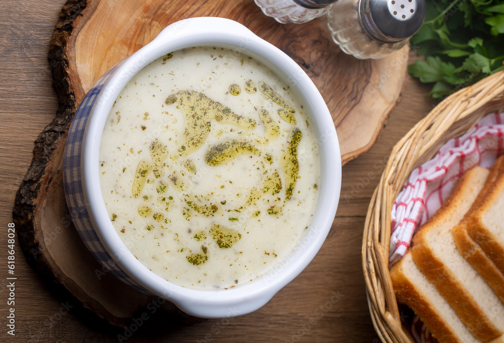 Traditional delicious Turkish food; Yoghurt soup (Turkish name; yayla ...