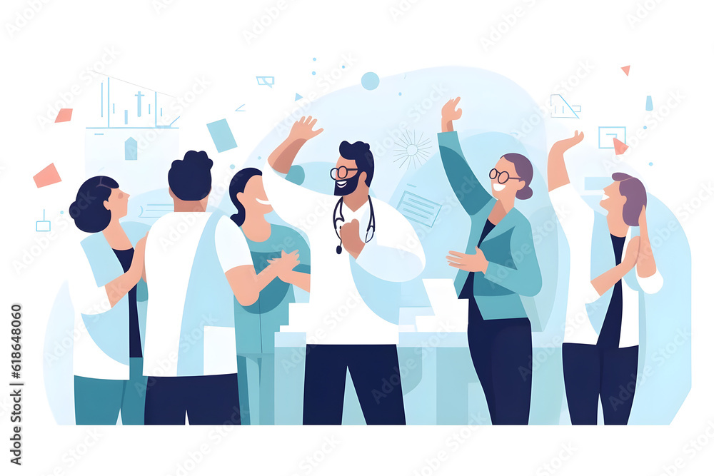 Flat vector illustration doctor support and applause in celebration for team unity healthcare ...