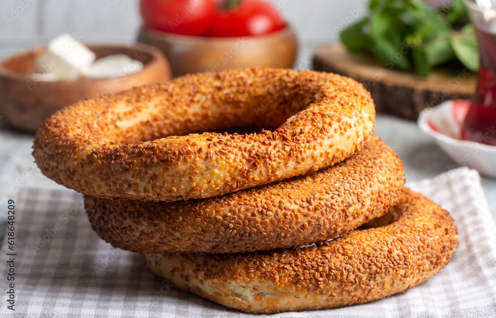 Turkish fast food bagel called Simit. Turkish bagel Simit with sesame ...