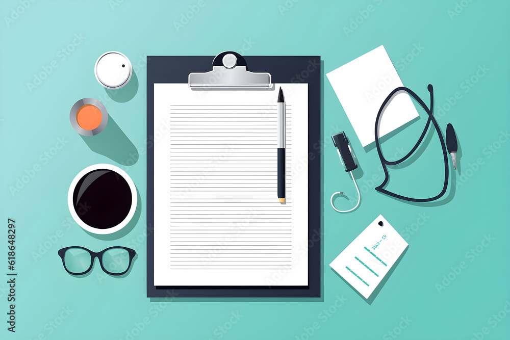 Flat vector illustration doctor s working table with stethoscope ...