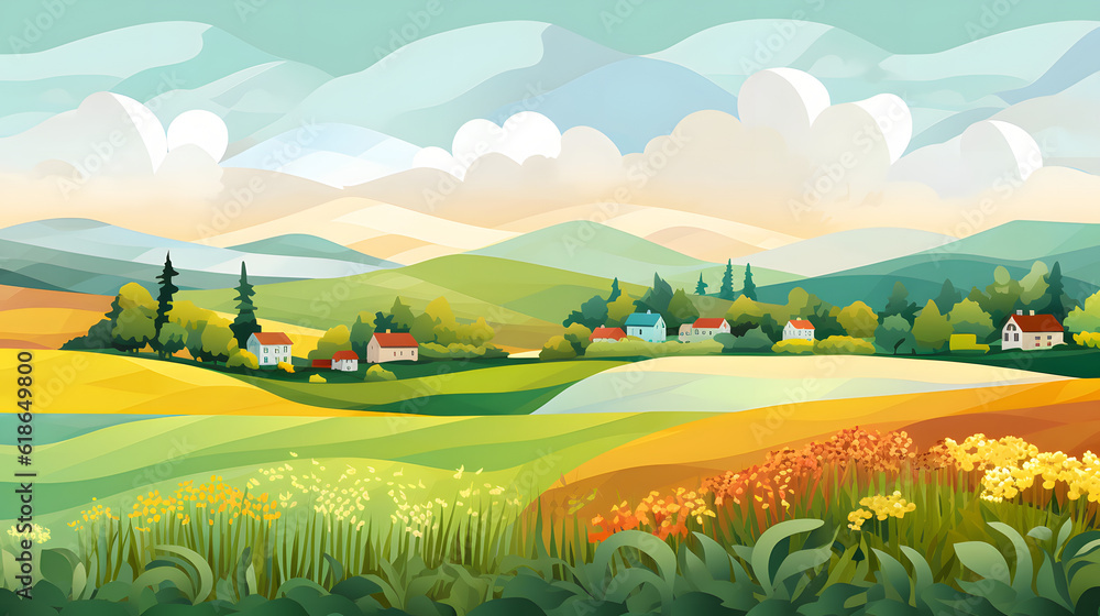 Nature and country landscape. Vector illustrations of village, trees ...