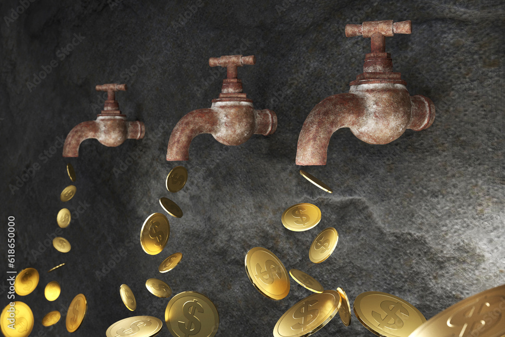 Gold coins continuously flowing out of water taps. Illustration of the ...