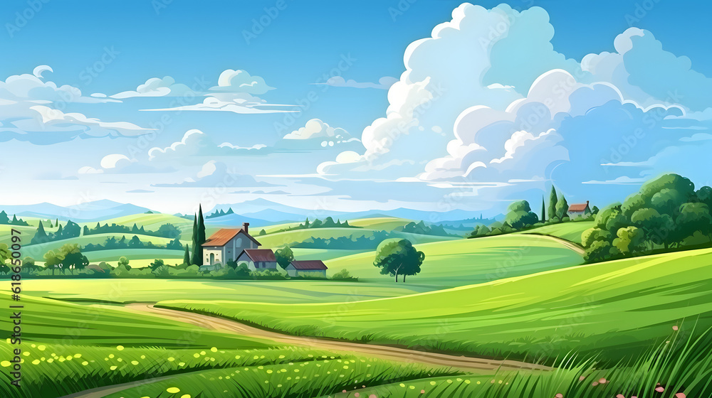 Nature and country landscape. Vector illustrations of village, trees ...
