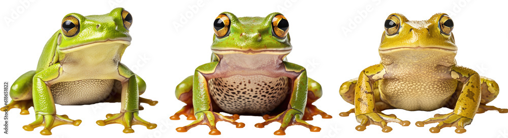 Collection of three green tree frogs, animal bundle isolated on white ...