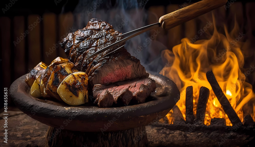 Brazilian BBQ on fire with picanha on a charcoal stove. Pieces of meat ...