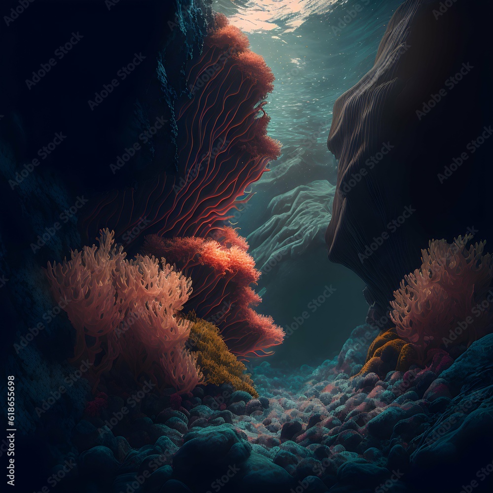 underwater coral canyon photorealistic dramatic lighting mystique scene ...