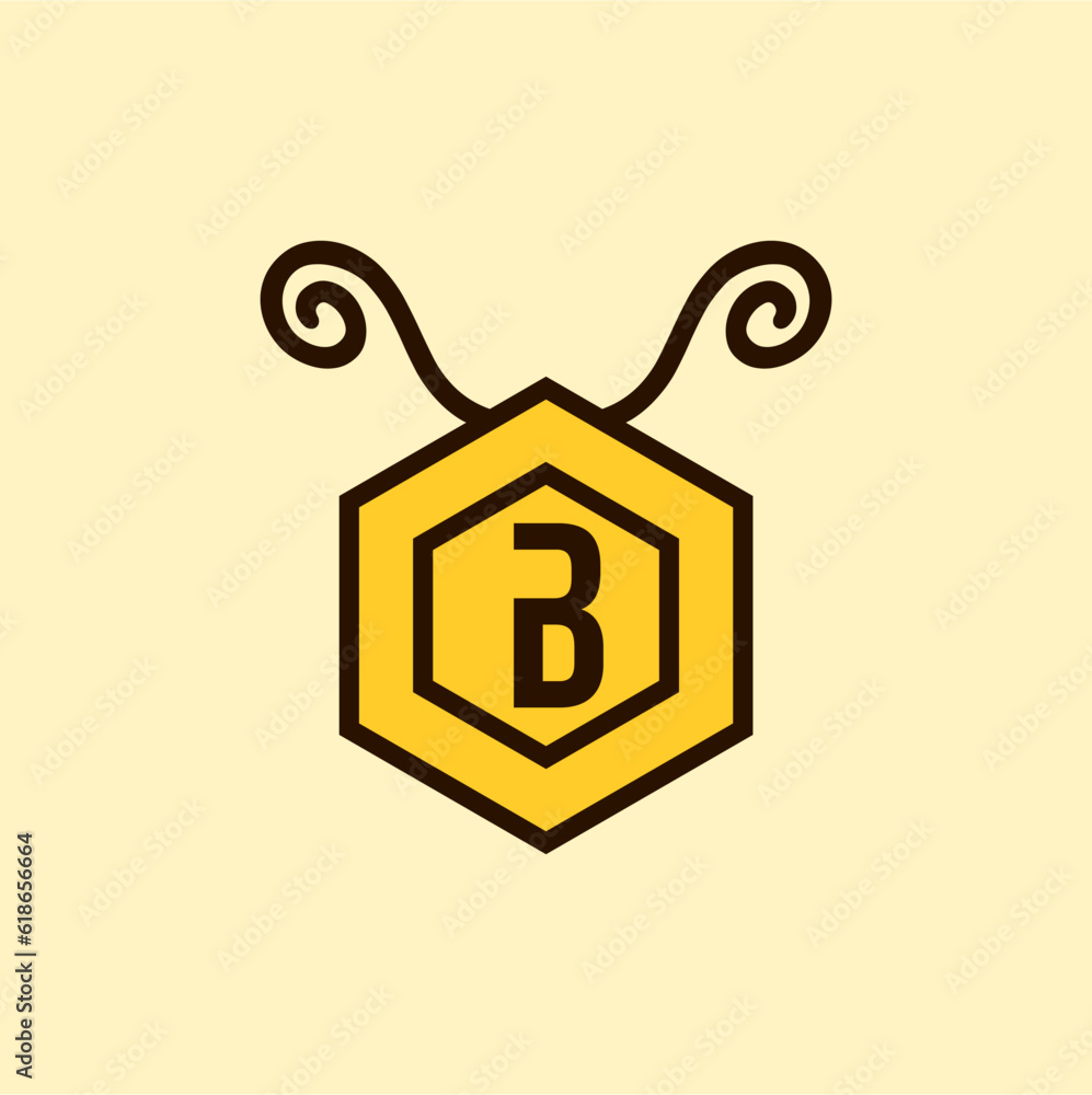 Cartoon bee logo design with letter B and hexagons concept. Stock ...