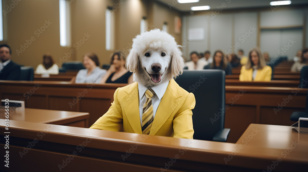 white dog working as a lawyer acting in jury court wearing yellow suit ...