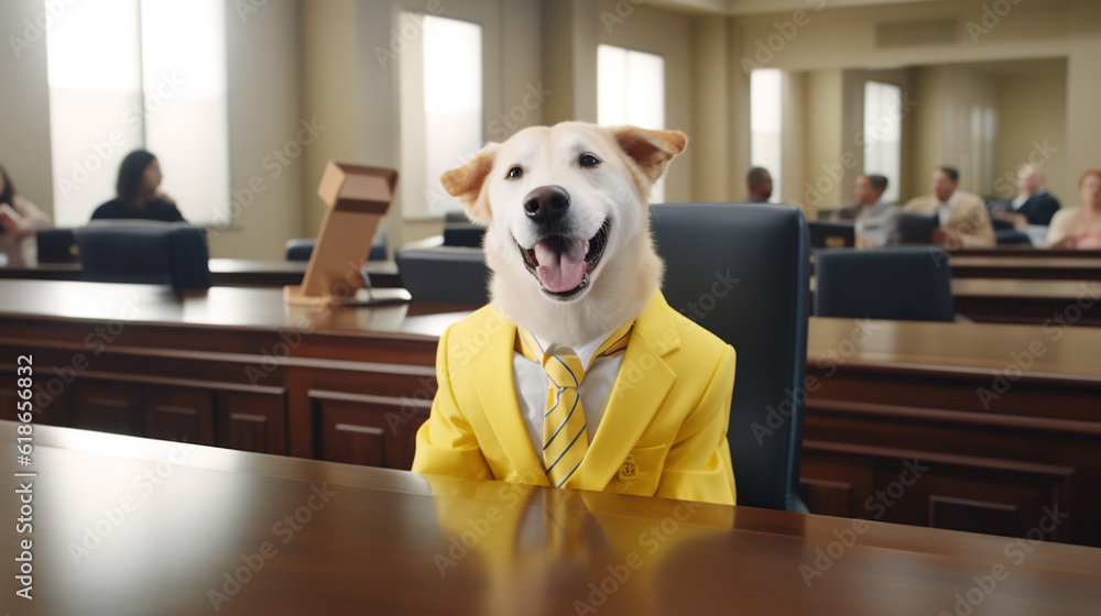 white dog working as a lawyer acting in jury court wearing yellow suit ...