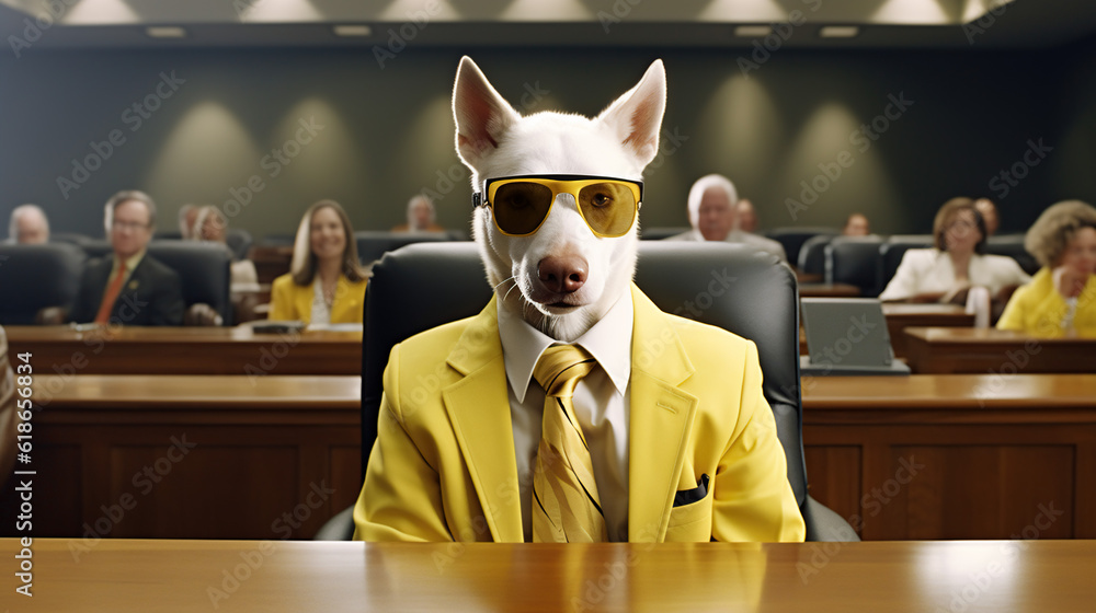 white dog working as a lawyer acting in jury court wearing yellow suit ...