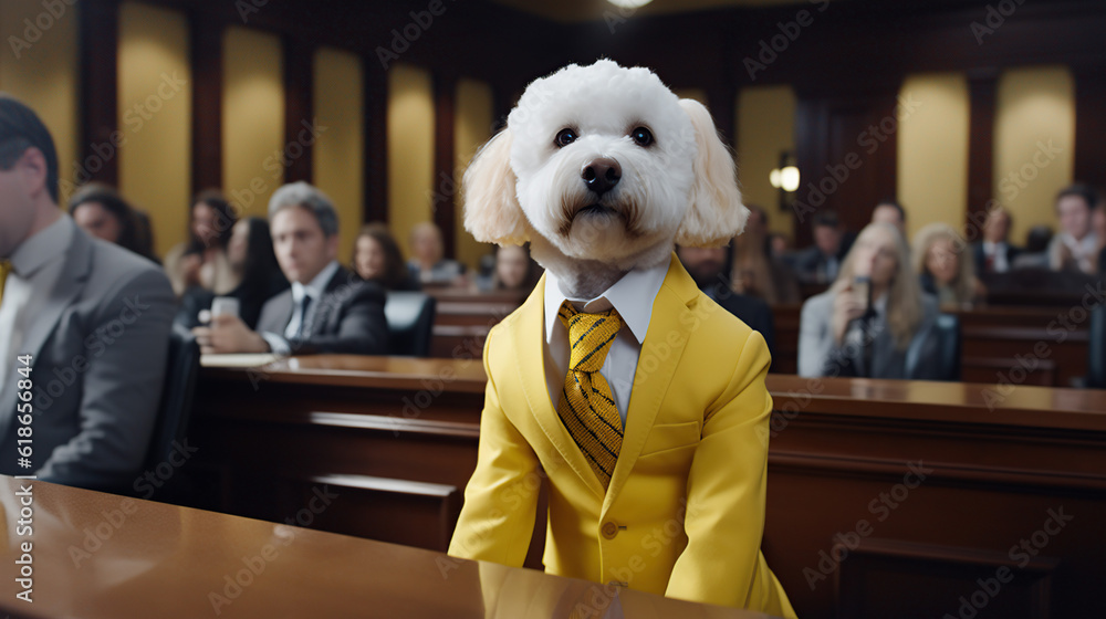 white dog working as a lawyer acting in jury court wearing yellow suit ...