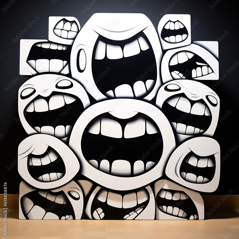 exaggerated facial expressions, smile, many toothy faces, black and ...