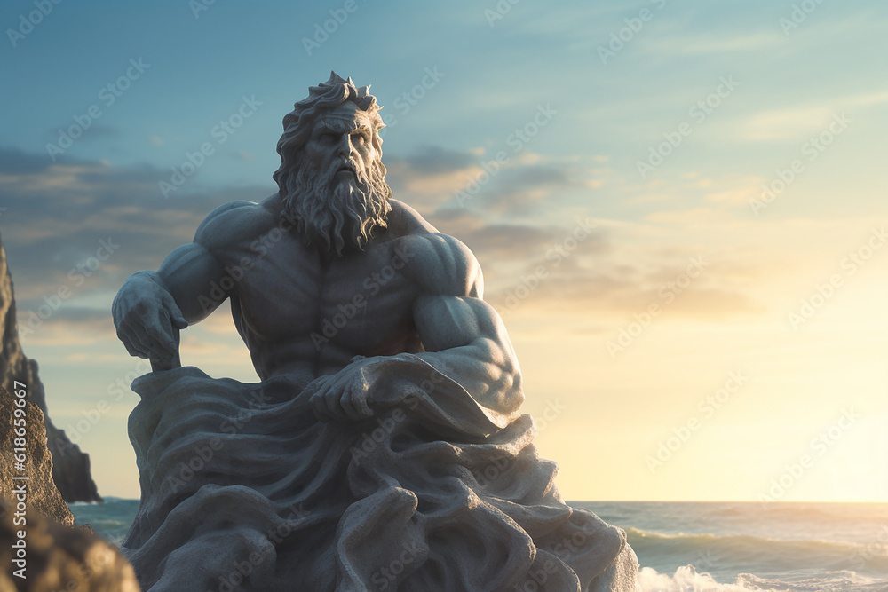 A Majestic marble statue of Poseidon, the ancient Greek god of the sea ...
