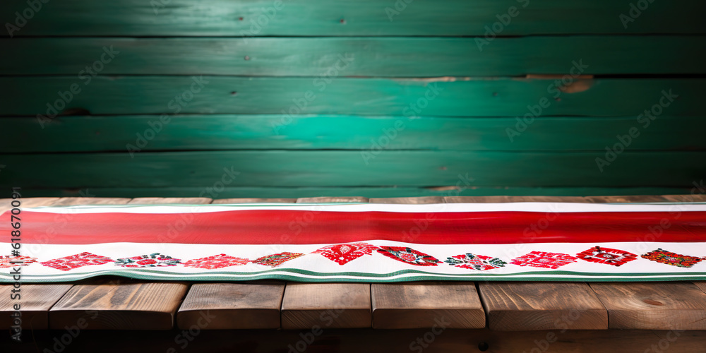 Mexican fiesta background, table with traditional textile decorations ...