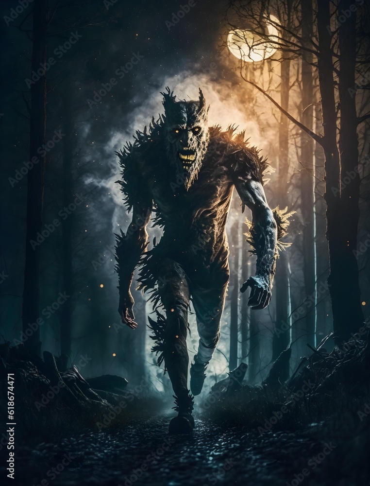 dynamic macro photograph of a werewolf scenic haunted forest ...