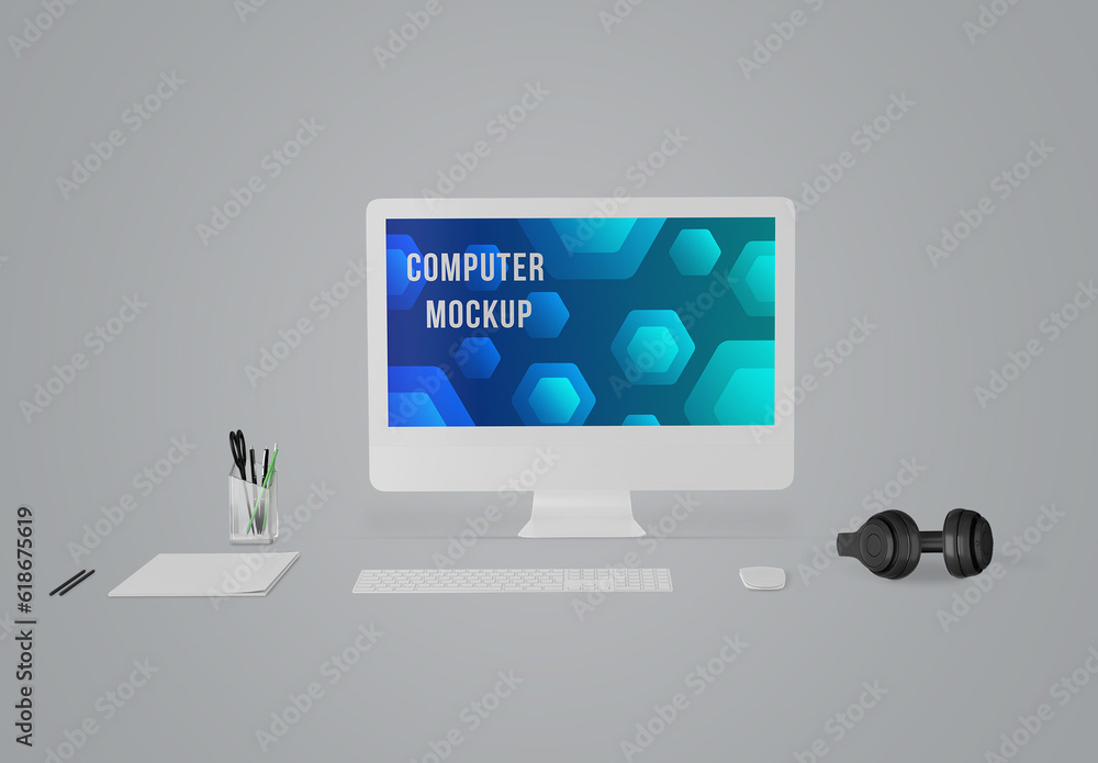 Computer Screen Mockup in Workplace Stock Template | Adobe Stock