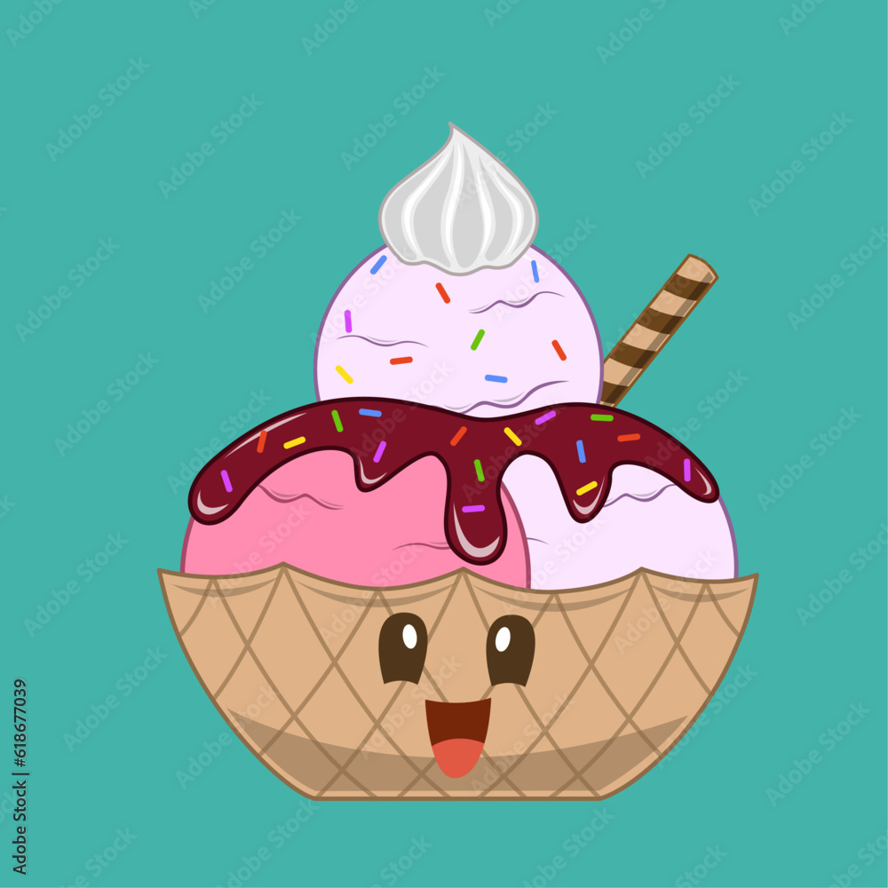 canasta de helado con cara, helado con ojos y boca, vector animado ...