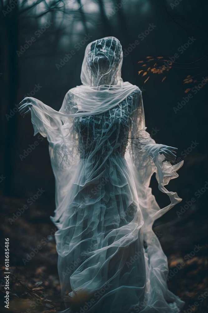 dynamic macro photograph of a transparent ghost woman pose full body ...