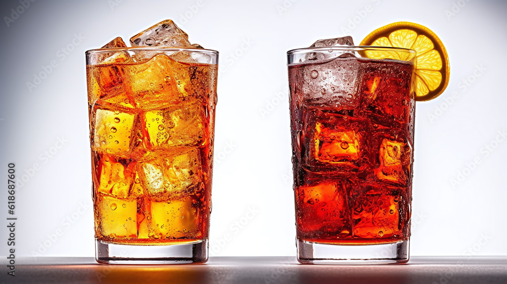 Glasses of cola and orange soda drink and lemonade sparkling water on white background with ice ...
