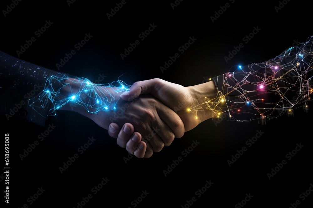A handshake merging into digital circuitry, symbolizing the integration ...
