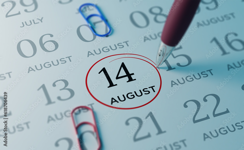 August 14th Calendar date. close up a red circle is drawn on August ...