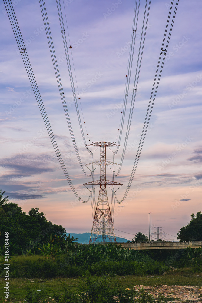 Electricity pylon known as overhead line pylon. high-voltage power ...