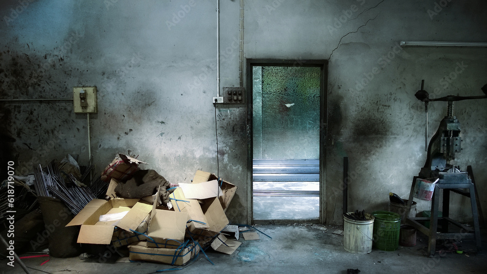 Dark creepy empty abandoned industrial building interior is waiting for ...