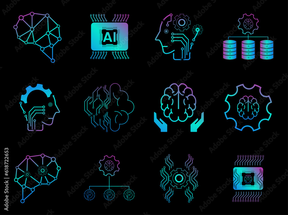 12 artificial intelligence icons, 12 AI icon sets vector, illustration ...