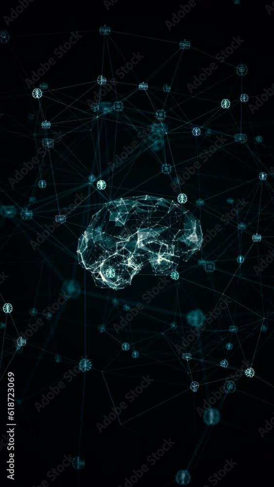 Motion graphic Blue polygon brain logo and digital ai assistant icons ...