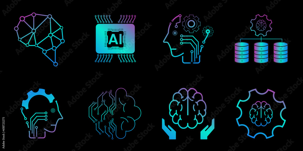8 artificial intelligence icons, 8 AI icon sets vector, illustration ...