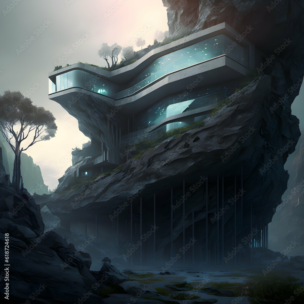 concept art sci fi architecture exterior view long catilever terraces ...