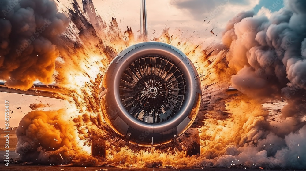 flying aircraft with exploding aero engine just before air crash ...