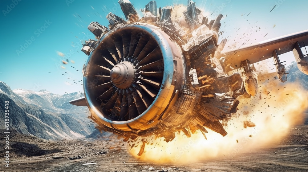 flying aircraft with exploding aero engine just before air crash ...